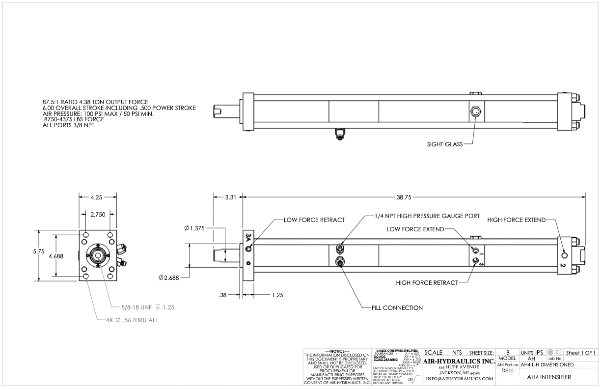 AH-Series Air Over Oil Intensifier - Hydropneumatic Cylinder